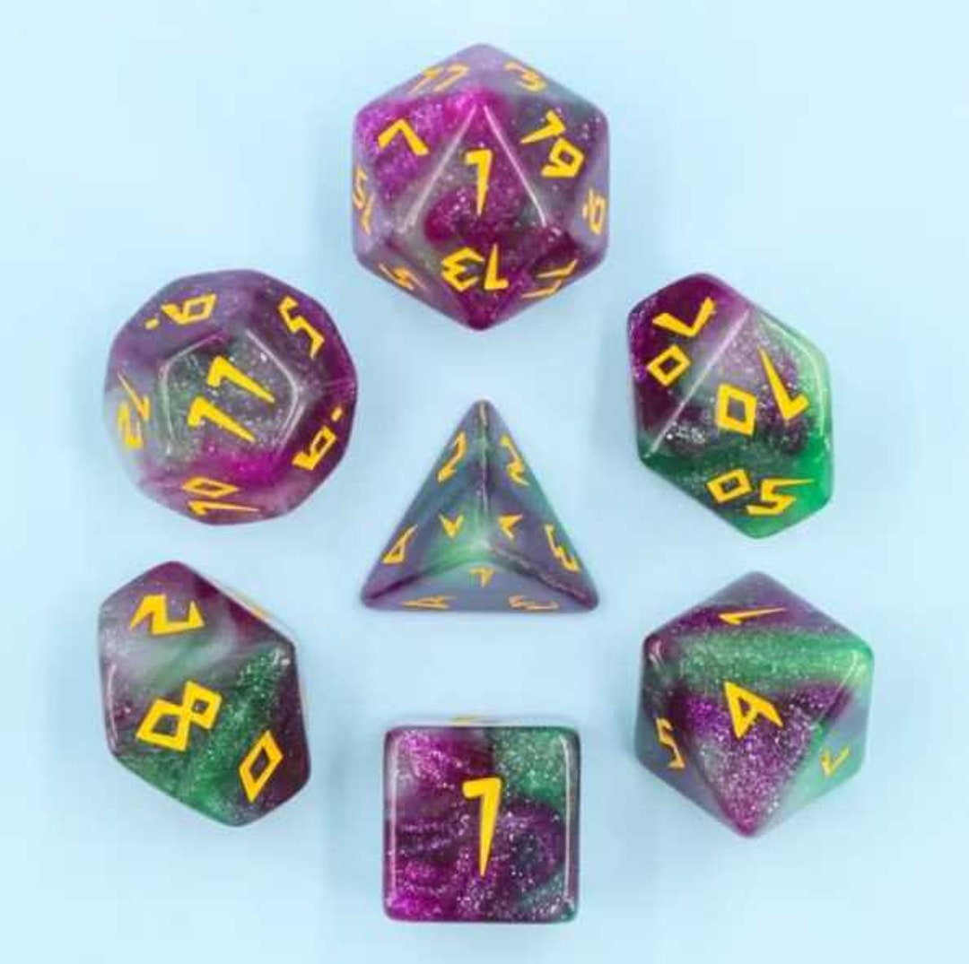 Violet Garden Dice 7-dice Set Purple and Green Glitter - Etsy