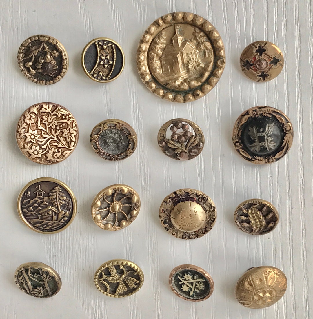 Pictorial Metal Buttons, Collection #8, 16 Assorted, Antique, Brass ...