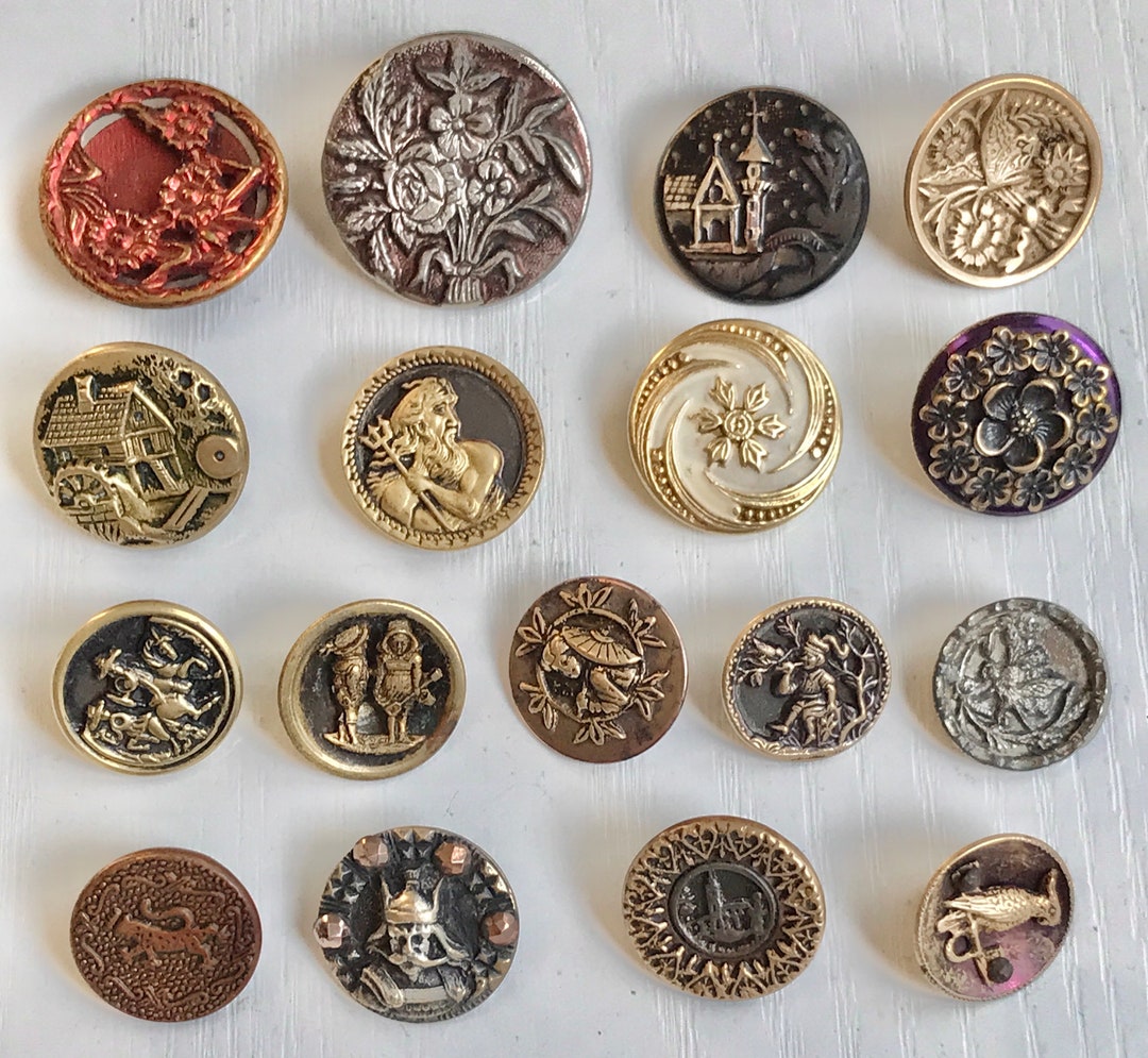Pictorial Metal Buttons, Collection #4, Assortment of 17, Antique ...