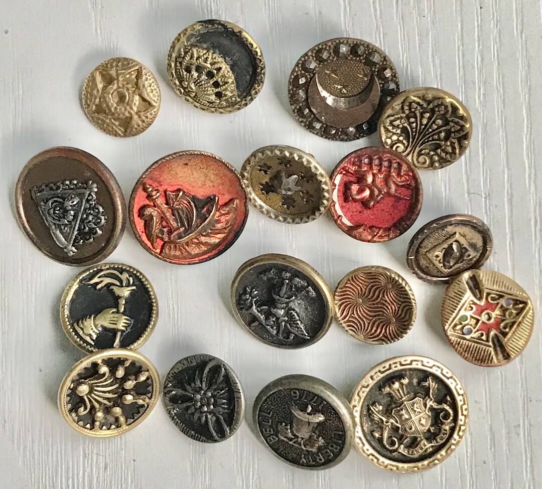 Pictorial Metal Buttons, Collection 3, Assortment of 17, Antique, Brass ...