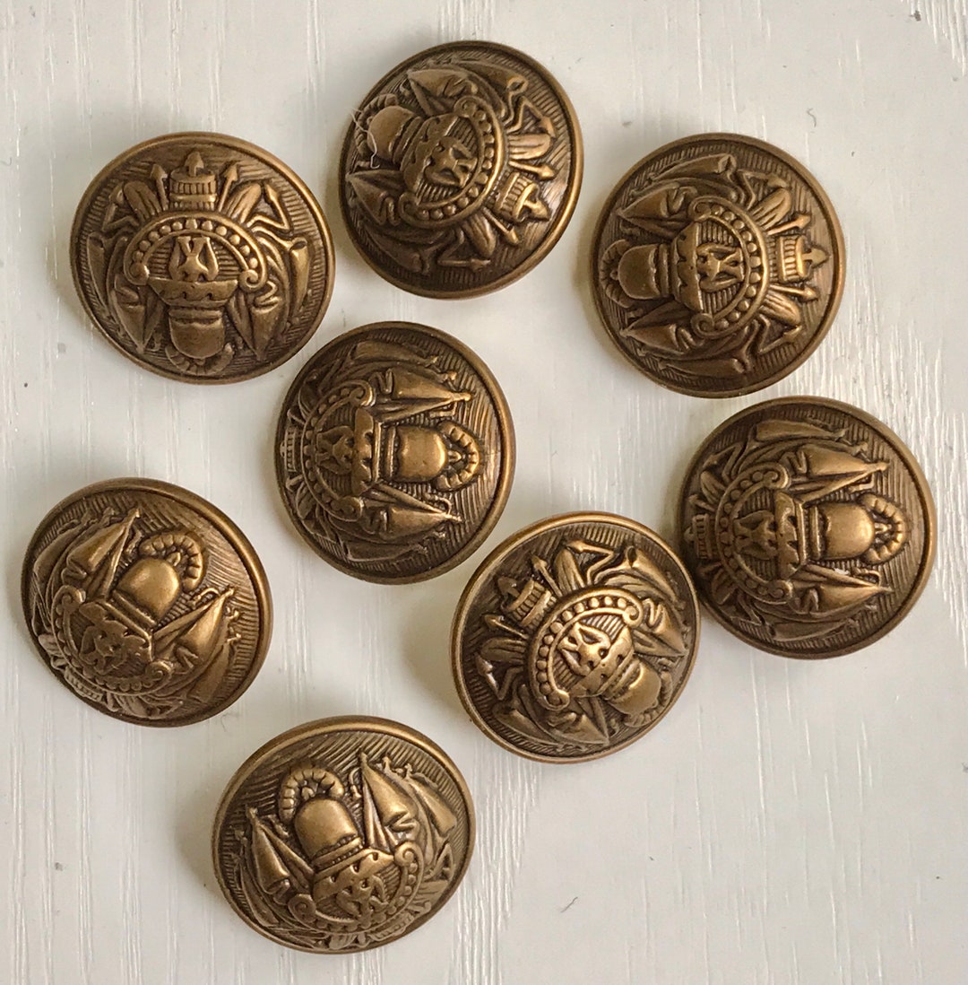 Metal Domed Buttons, Coat of Arms Design, Brass Tone With Black Paint ...