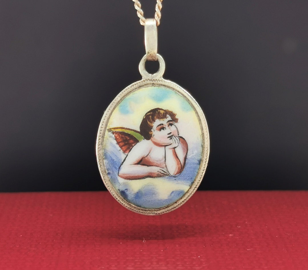 German Angel Medallion, 15" Guardian Angel Necklace, Valentines Gift - Etsy