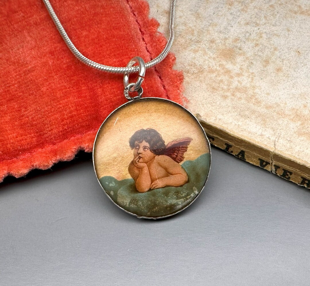 Antique Guardian Angel Silver Pendant: Raphael Medallion, 925 Snake ...