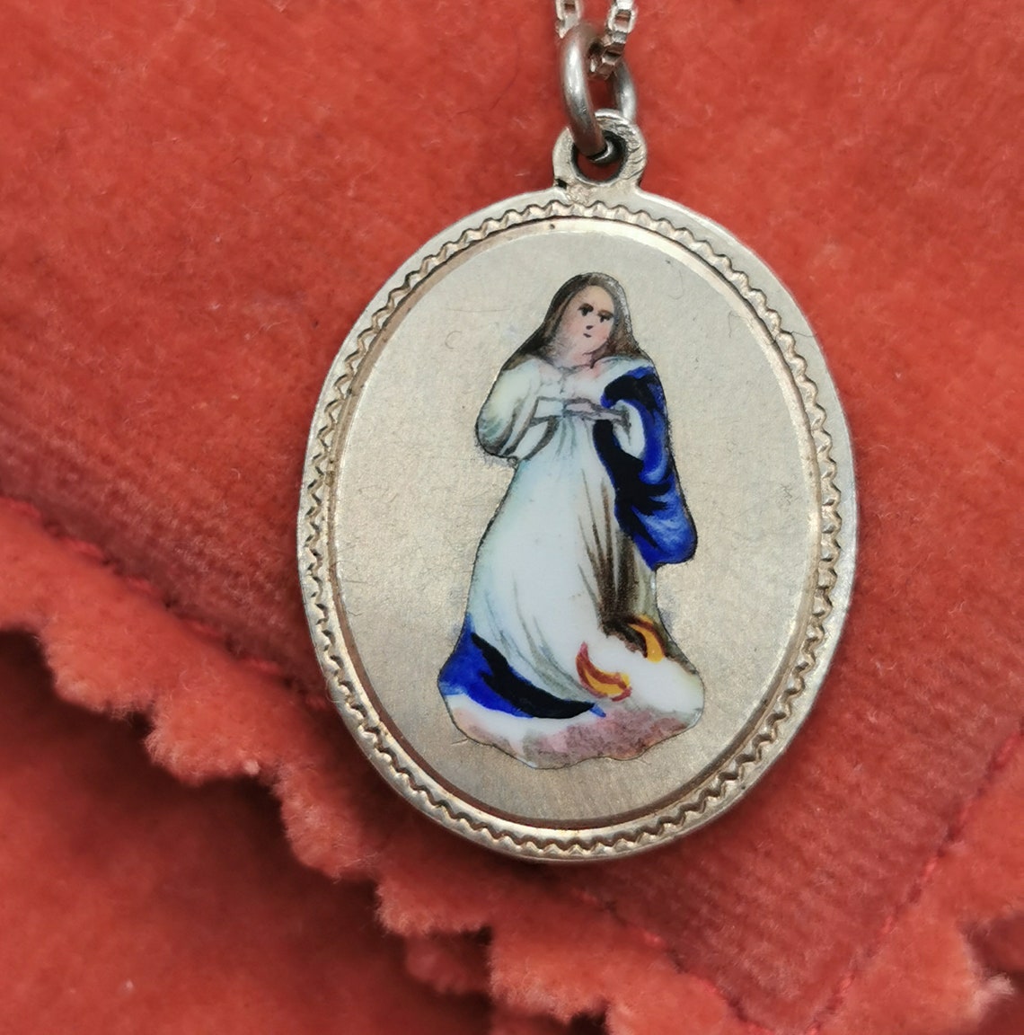 15" German Protection Necklace, Mother Mary Medal, Virgin Mary Pendant ...