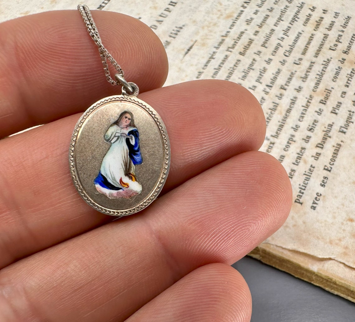 15" German Protection Necklace, Mother Mary Medal, Virgin Mary Pendant ...