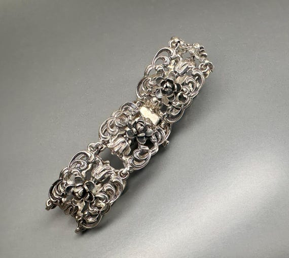 1920s Art Deco 835 Silver Repoussé Rose Panel Bracelet - Gem