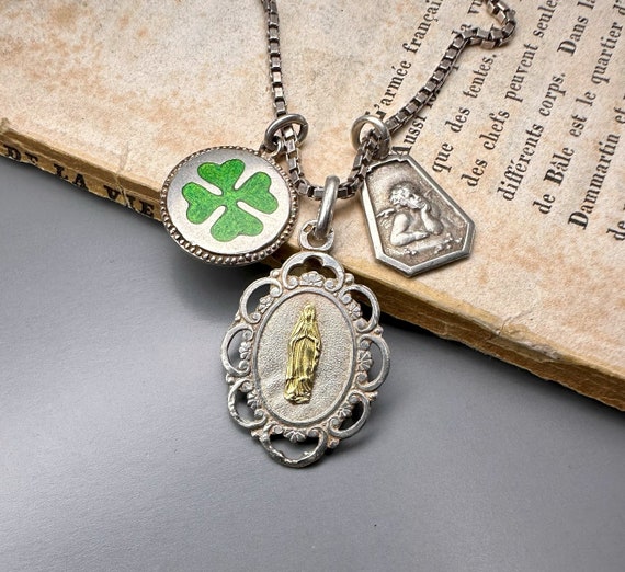 Antique Protection Necklace Silver Angel Charm Enamel Shamrock Virgin Mary Etsy