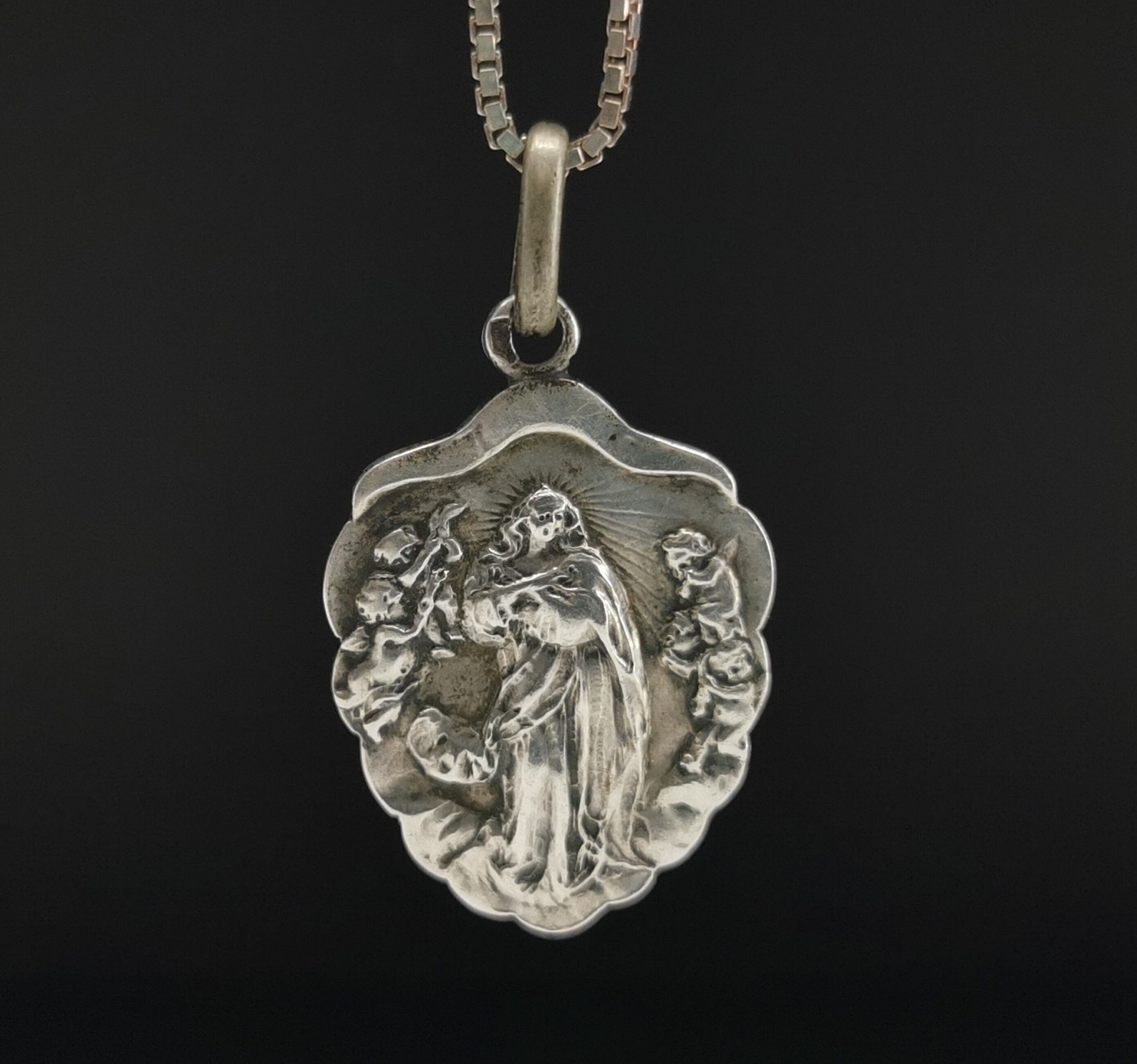 Antique Mother Mary Necklace Silver Virgin Mary Medal Maria | Etsy