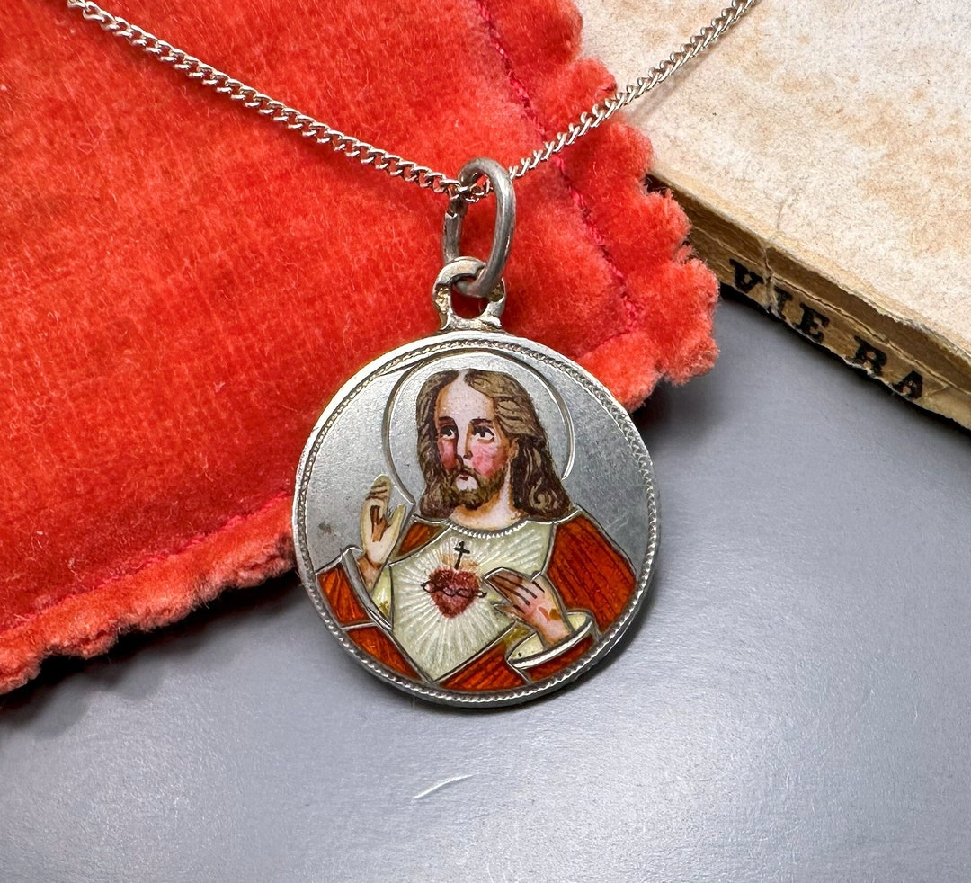 Antique Jesus Necklace, Silver Enamel German Jesus Pendant, Sacred ...