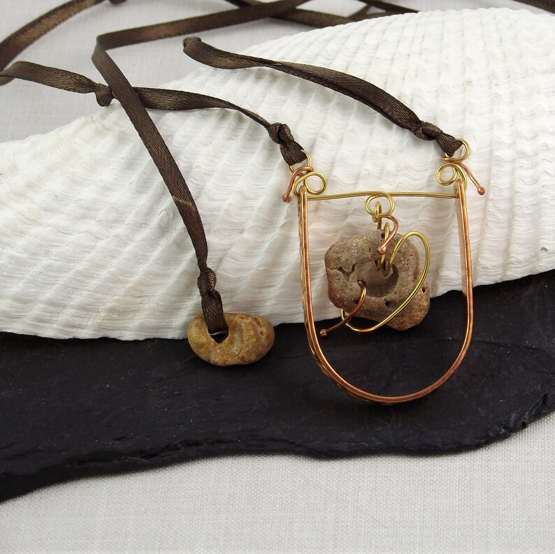 Embossed Red Brass Pendant Necklace With Wire Wrapped Natural - Etsy