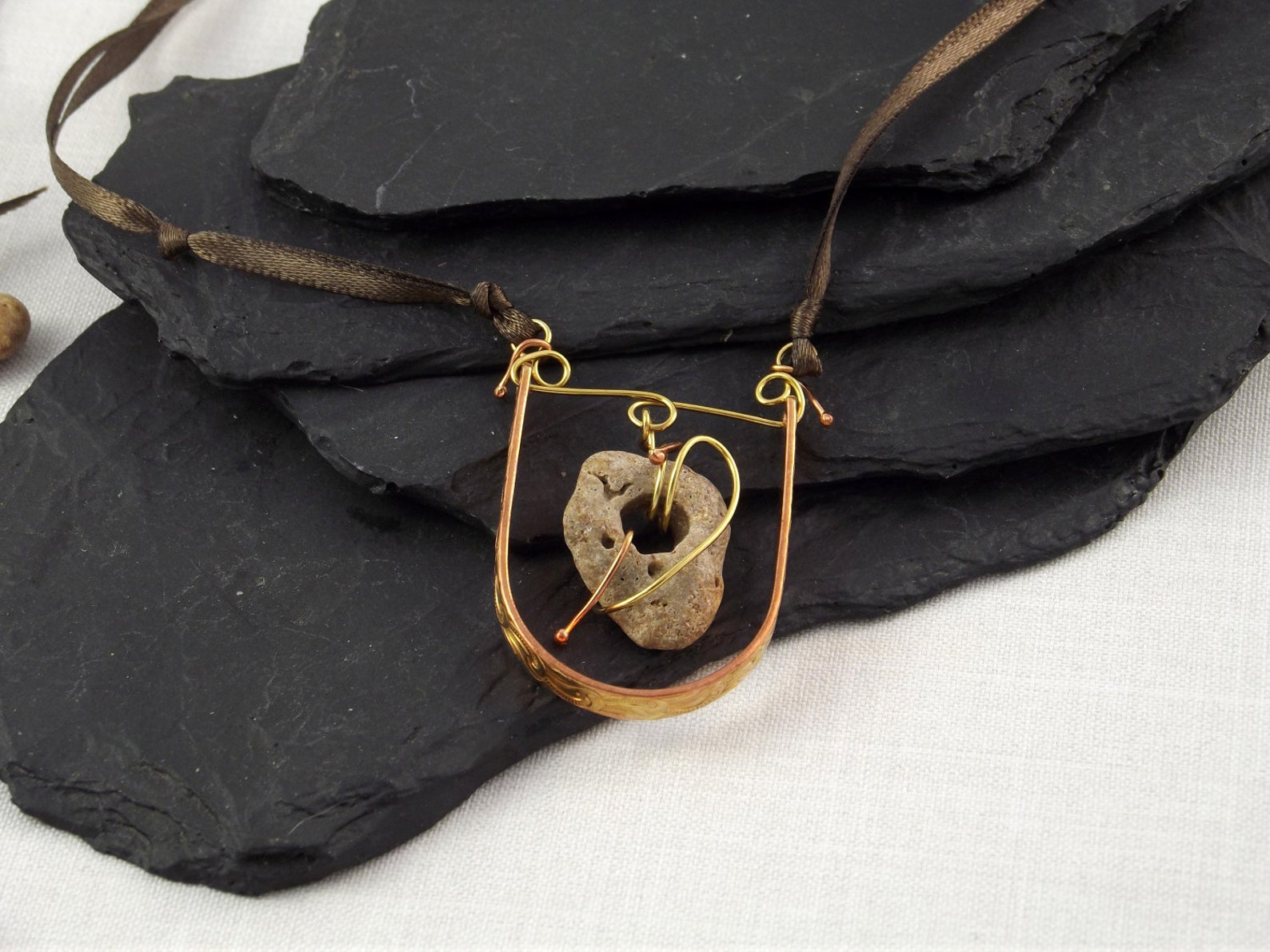 Embossed Red Brass Pendant Necklace With Wire Wrapped Natural - Etsy