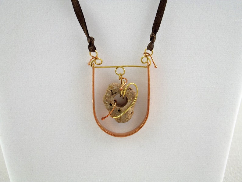 Embossed Red Brass Pendant Necklace With Wire Wrapped Natural - Etsy