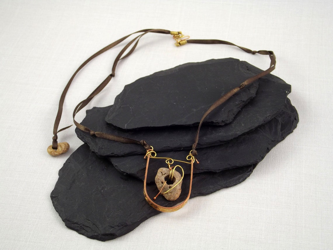 Embossed Red Brass Pendant Necklace With Wire Wrapped Natural - Etsy