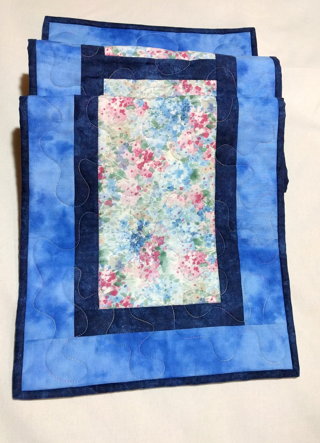 Soft Floral and Blue Quilted Table Runner Reversible to - Etsy