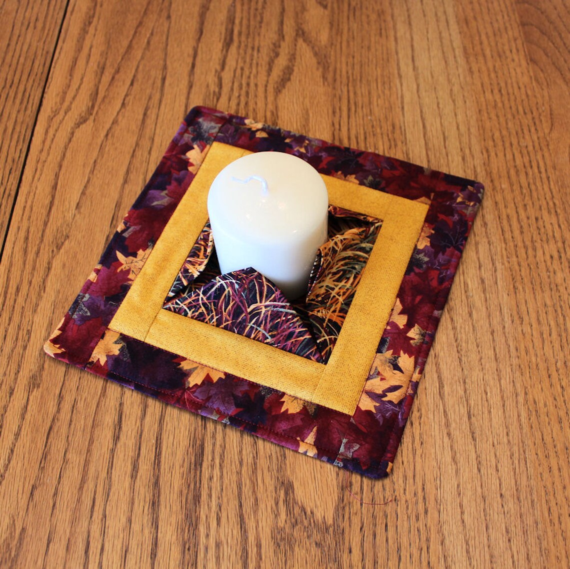 Fall Quilted Candle Mat, Medium Leaves & Gold Mini Quilt, Centerpiece ...