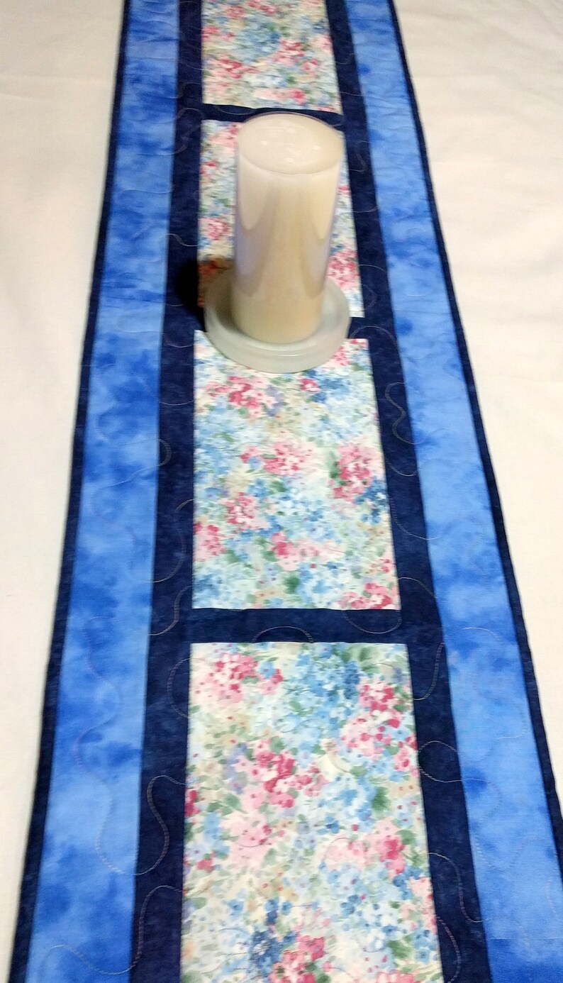 Soft Floral and Blue Quilted Table Runner Reversible to - Etsy