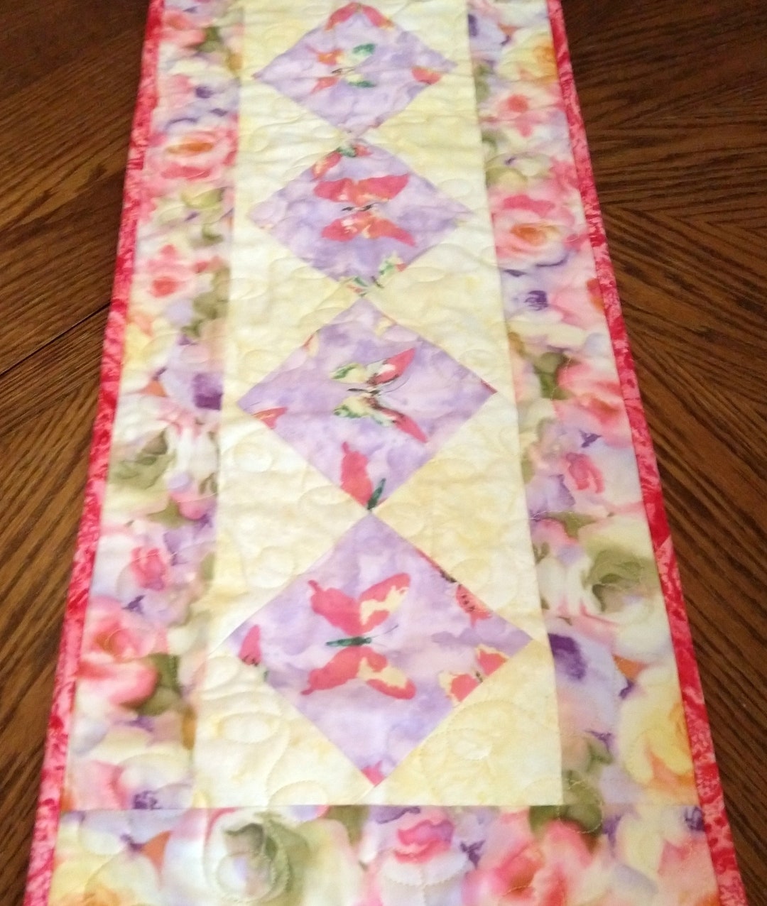 Pastel Table Runner, Purple Butterflies, Quilted Pink, Purple and ...