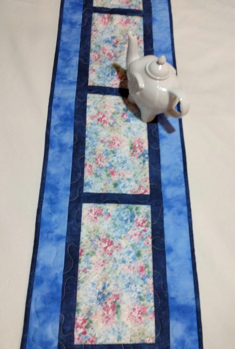Soft Floral and Blue Quilted Table Runner Reversible to - Etsy