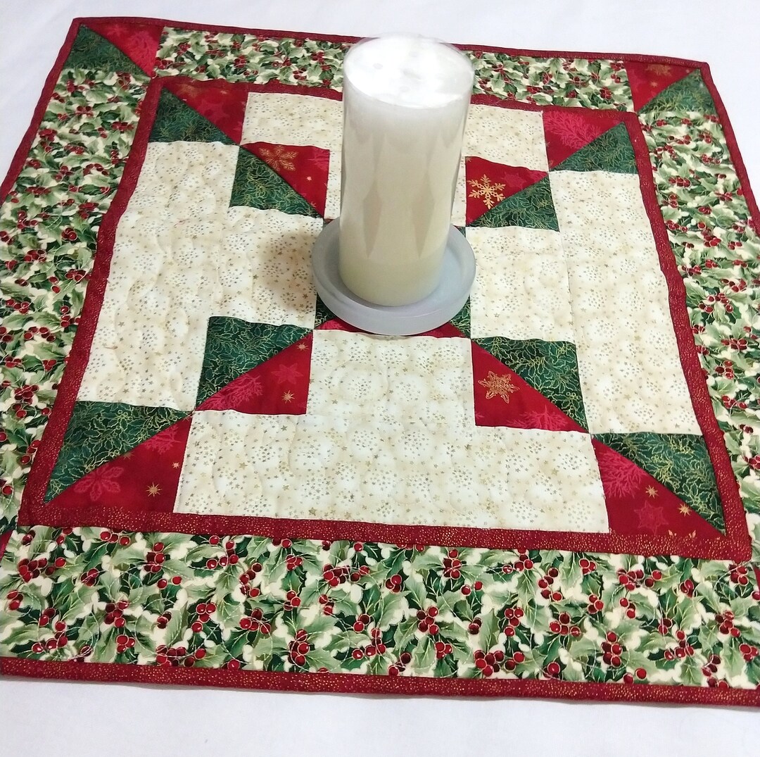 Metallic Quilted Table Topper, Red, Green Cream, Winter Table Quilt ...