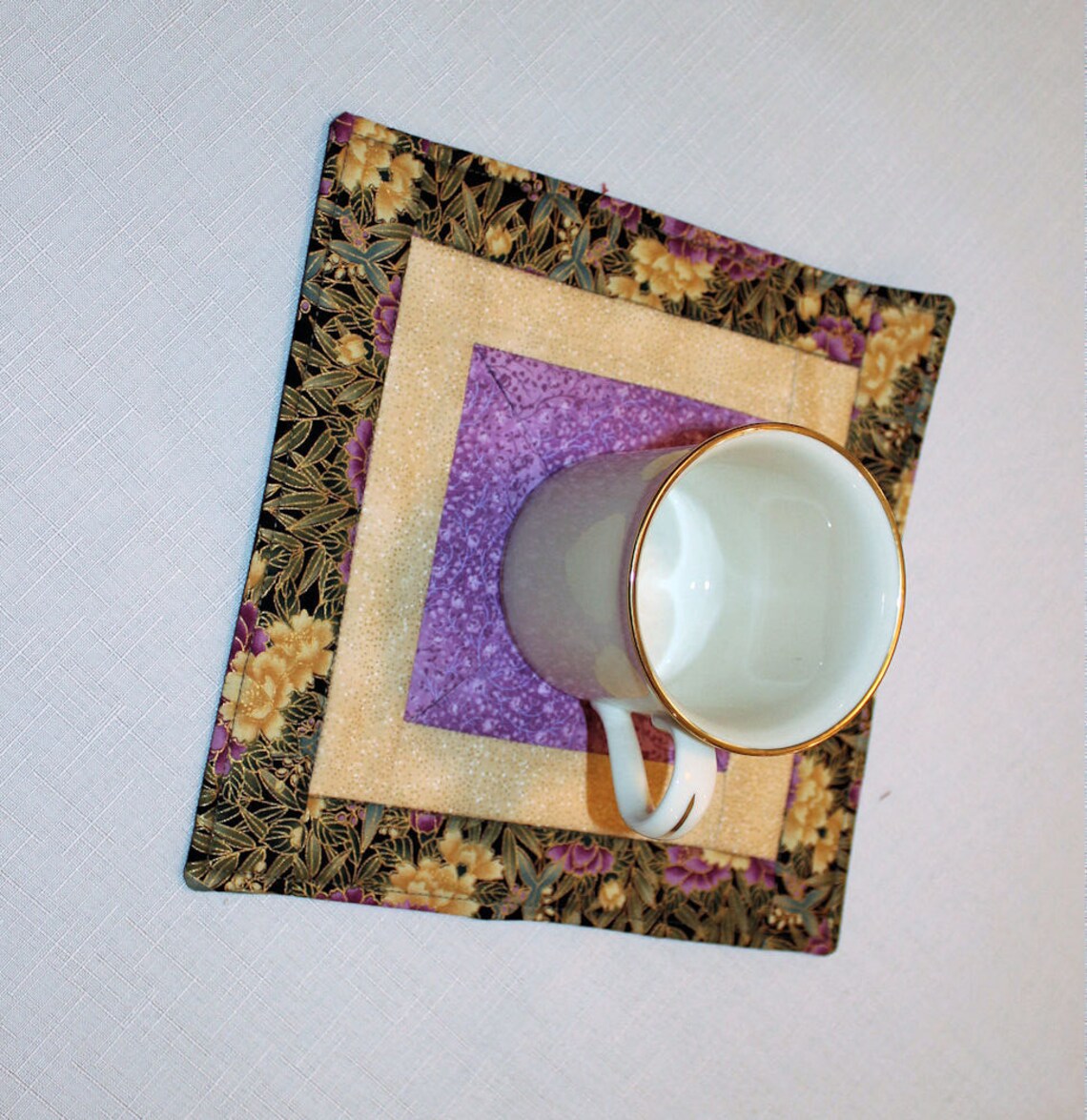 Summer Quilted Candle Mat, Medium Purple & Gold Mini Quilt, Centerpiece ...