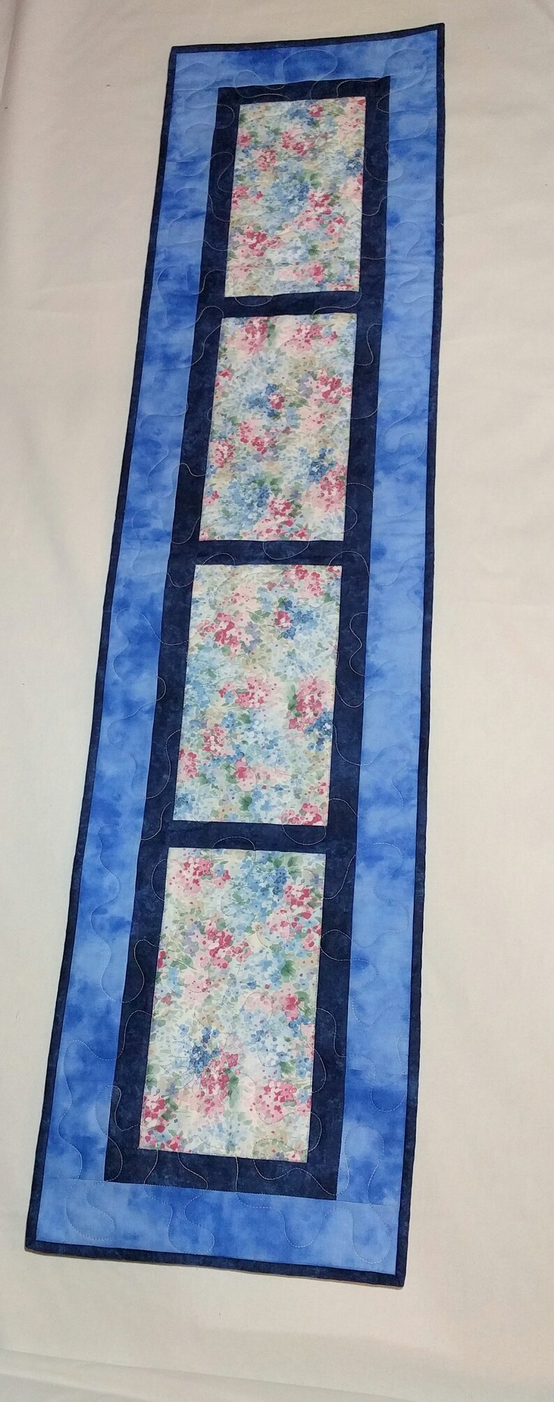 Soft Floral and Blue Quilted Table Runner Reversible to - Etsy