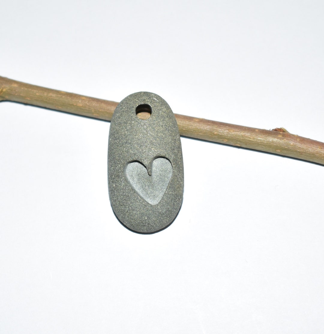 Hand Engraved Stone Bead 30mm Engraved Heart Beach Stone - Natural ...