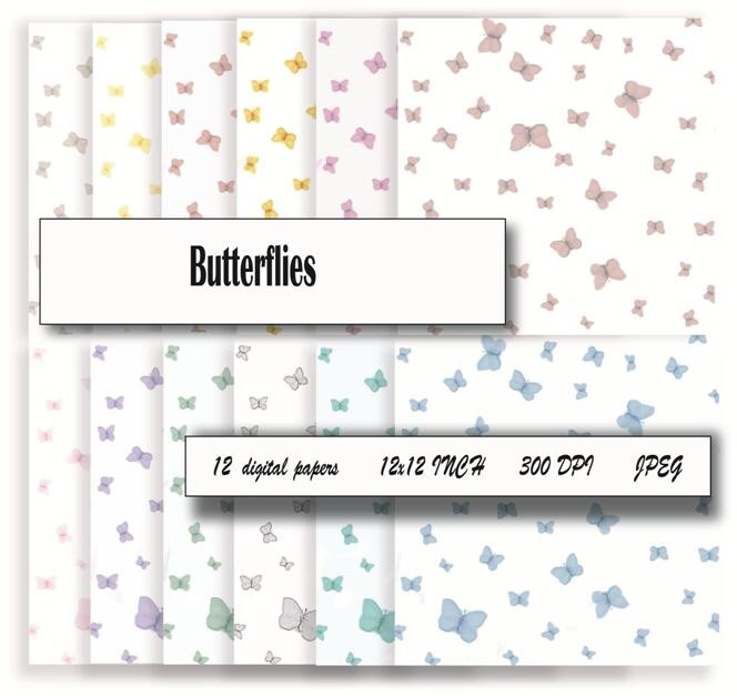 Instant Download ~ Butterflies in Pastel Cool Colors ~ Scrapbook ...