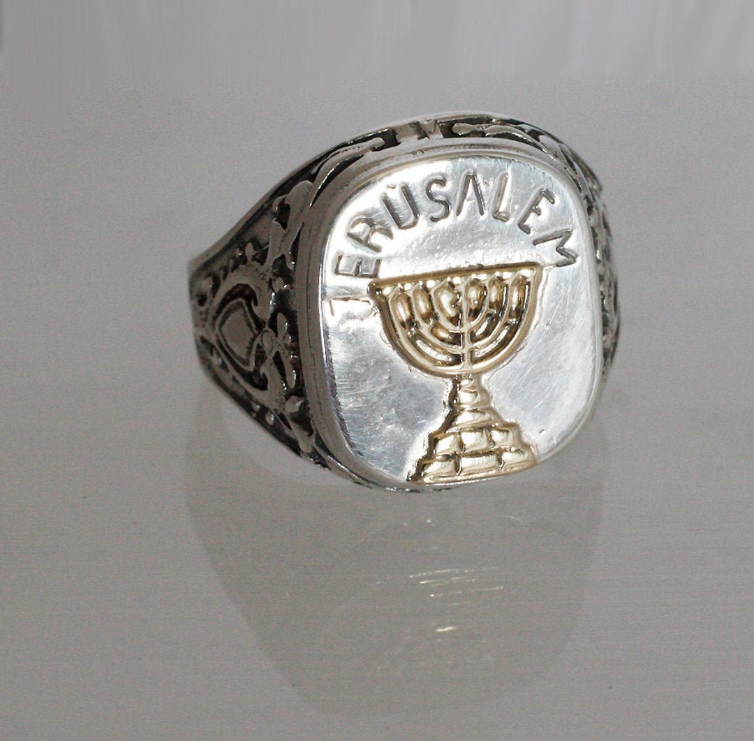 Silver Signet Ring Jerusalem With Gold Menorah Symbol, Mens Ring ...