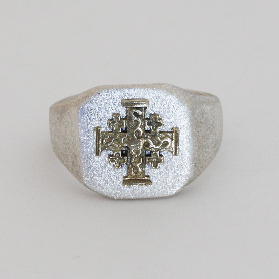 Men Silver Signet Ring With Gold Jerusalem Cross, Gift for Him Made in ...