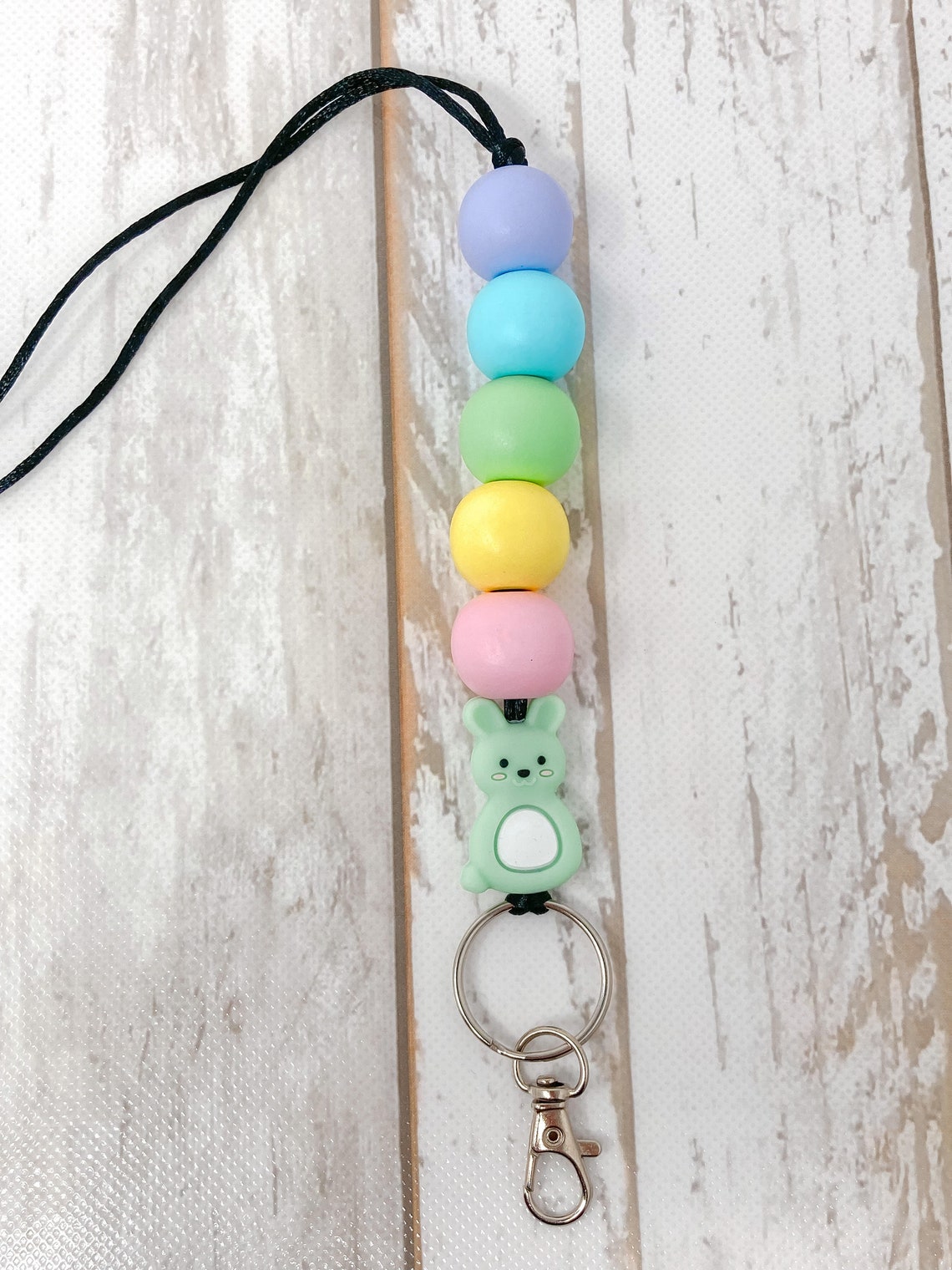 Easter Bunny Teacher Lanyard Silicone Beads Spring Rainbow Pastel ...