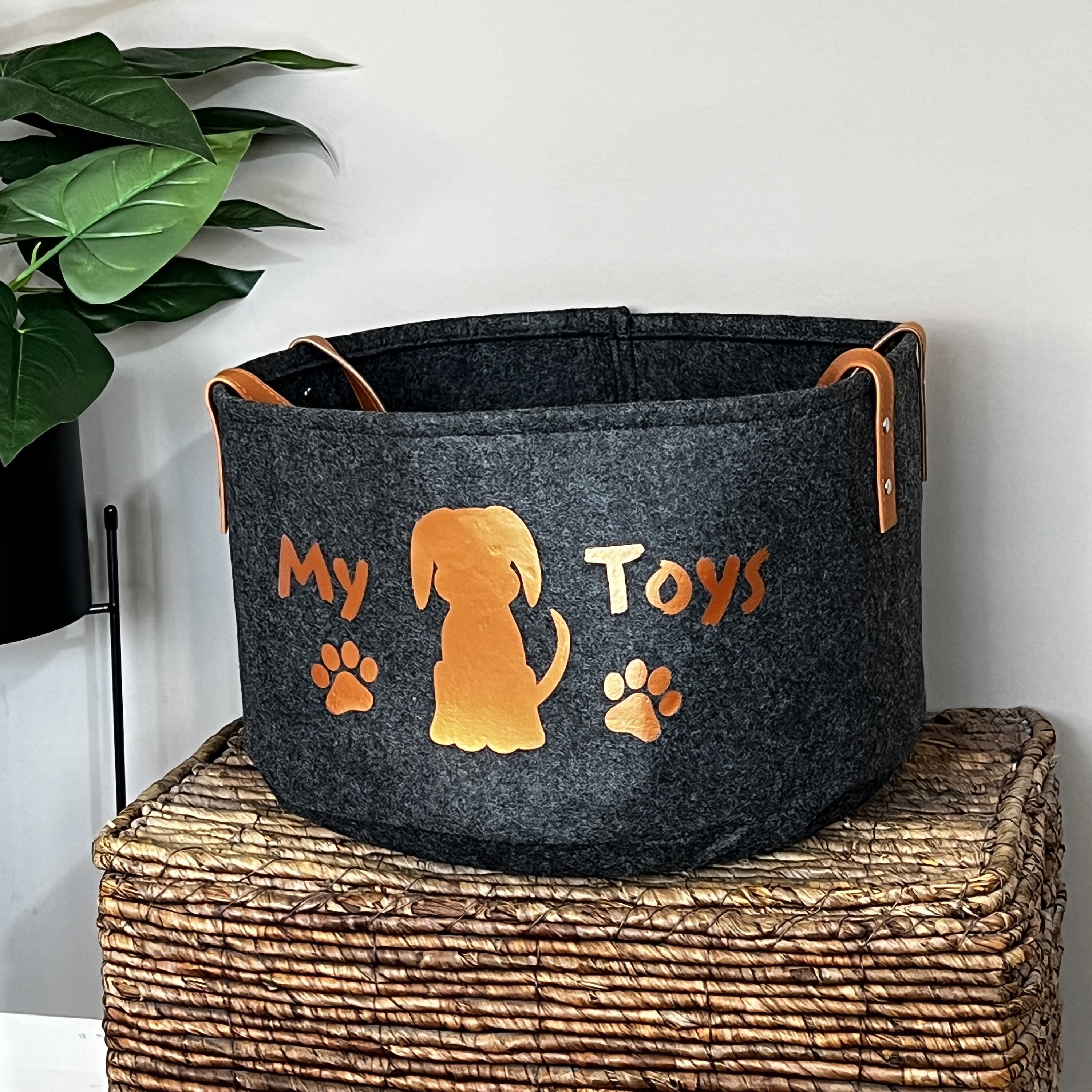 Charcoal Grey Felt Dog Toy Storage Basket. Small Round Pet Accessories ...