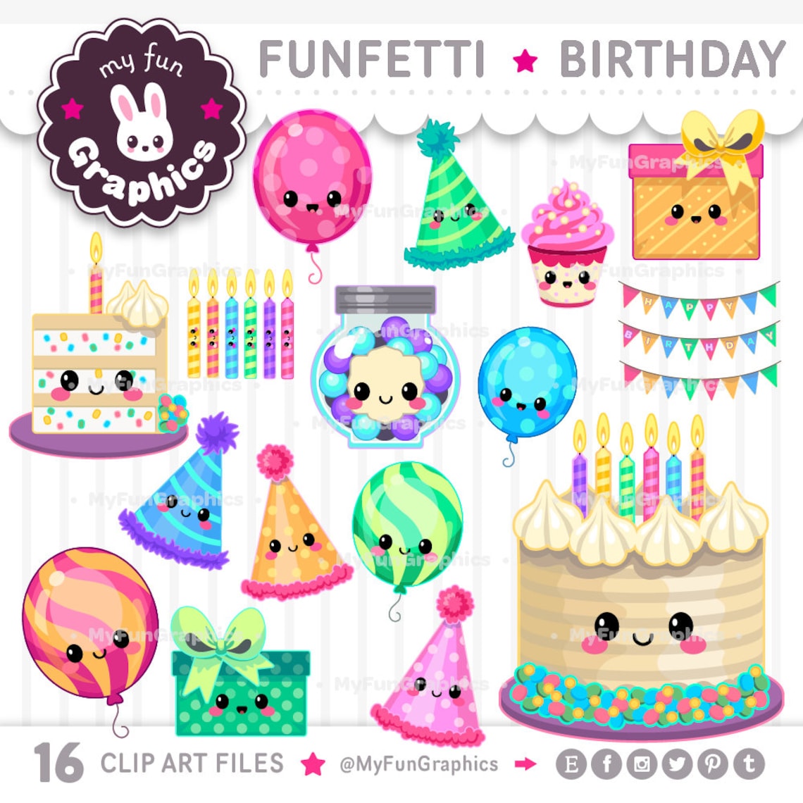 Funfetti Birthday Kawaii Clip Art Cute Birthday Clipart - Etsy Canada