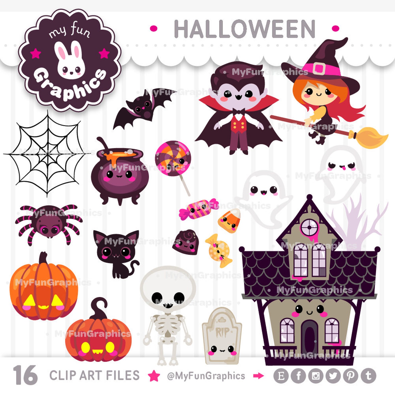 Halloween Kawaii Clip Art, Cute Halloween Clipart - Etsy