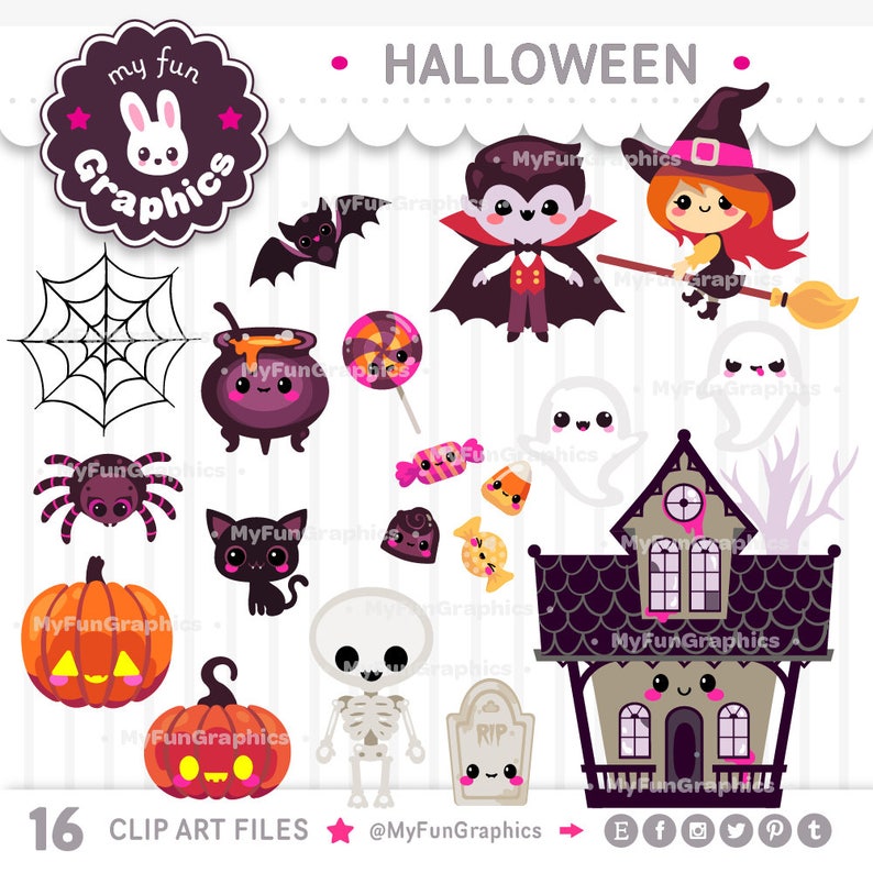Halloween Kawaii Clip Art, Cute Halloween Clipart - Etsy