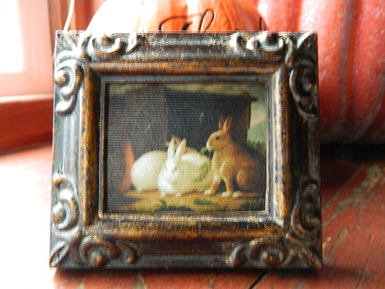 Two Rabbits in the Yard Mini Print -decorative Bronz Frame With Wall ...