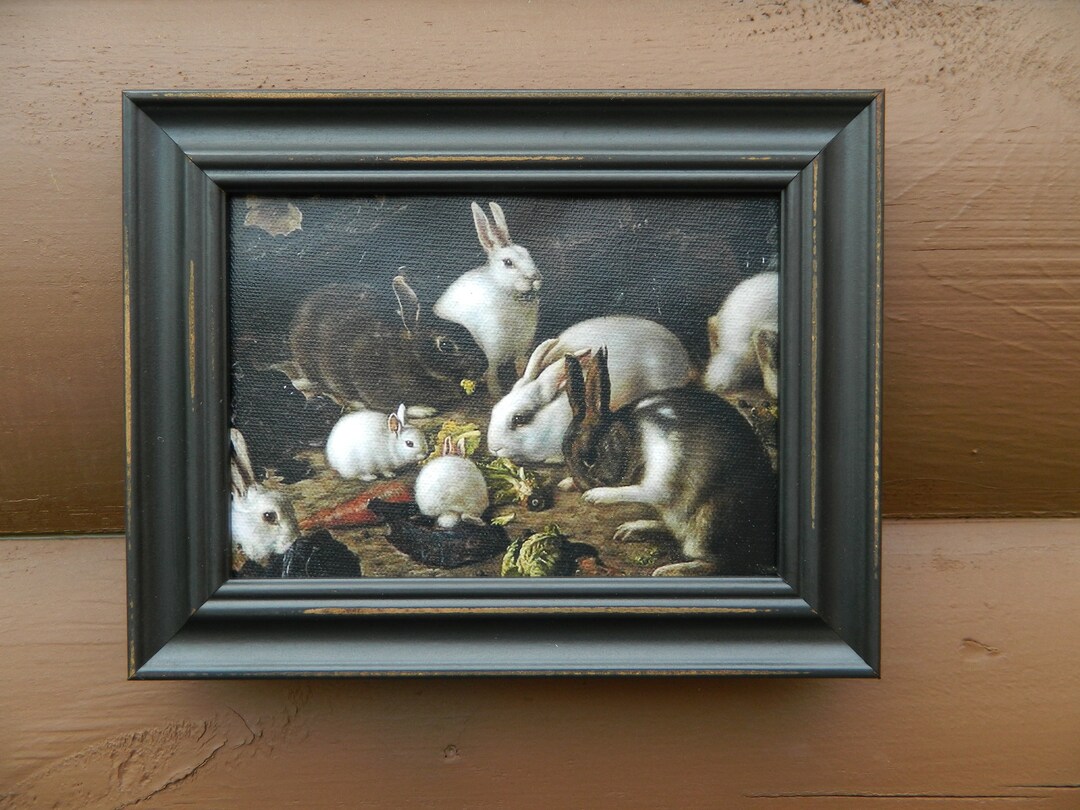 Group of Rabbits Print on Canvas- Vintage Aged Black Frame With Hanger ...