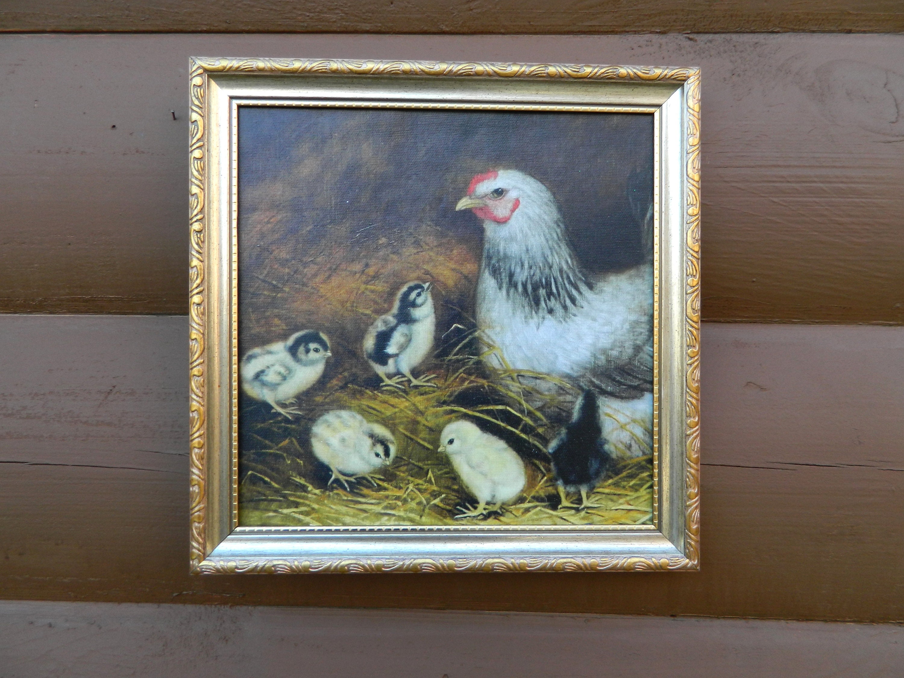 Hen With Her Chicks Farmhouse Print - Lovely Wood Gold Frame With Wall ...