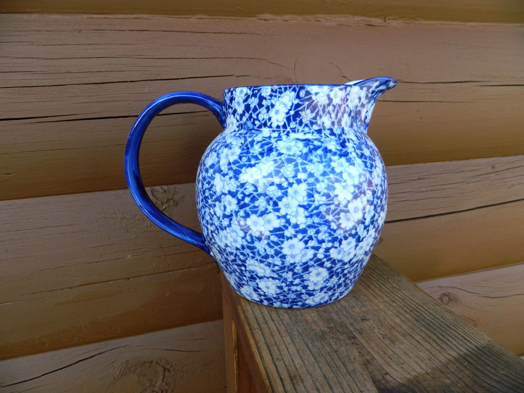 Blue Calico Chintz Large Pitcher With Handle, Ironstone Made in England ...