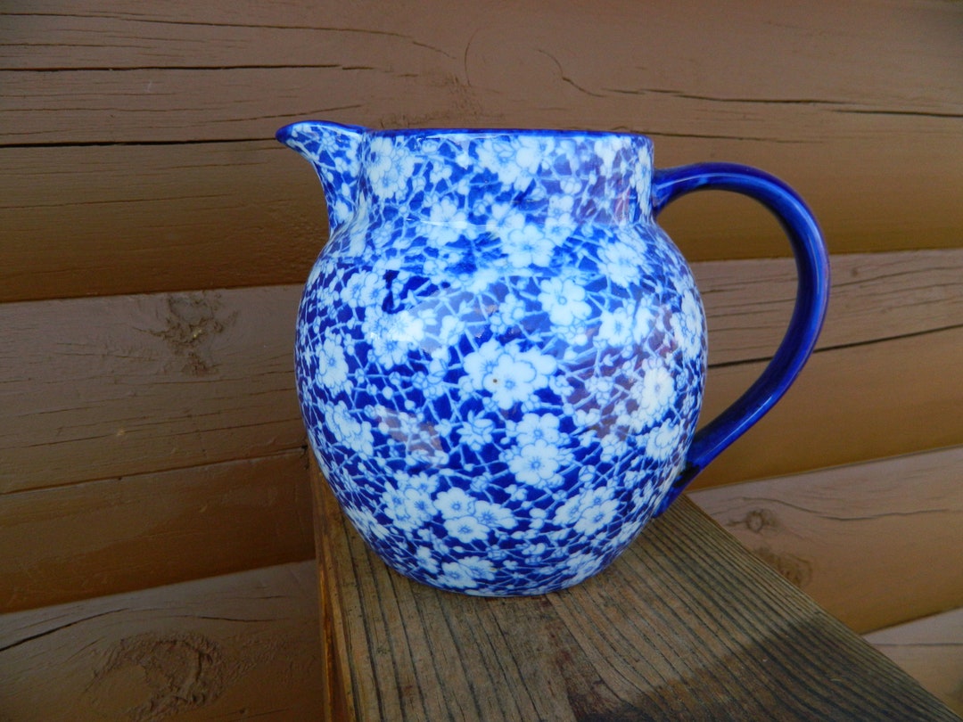 Blue Calico Chintz Large Pitcher With Handle, Ironstone - Made in ...