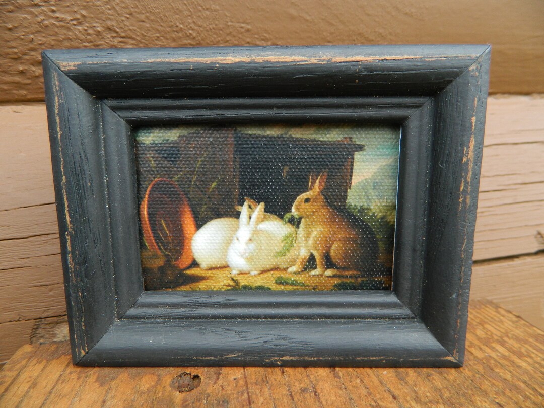 Two Rabbits in the Yard Mini Print - Aged Black Frame With Wall Hanger ...