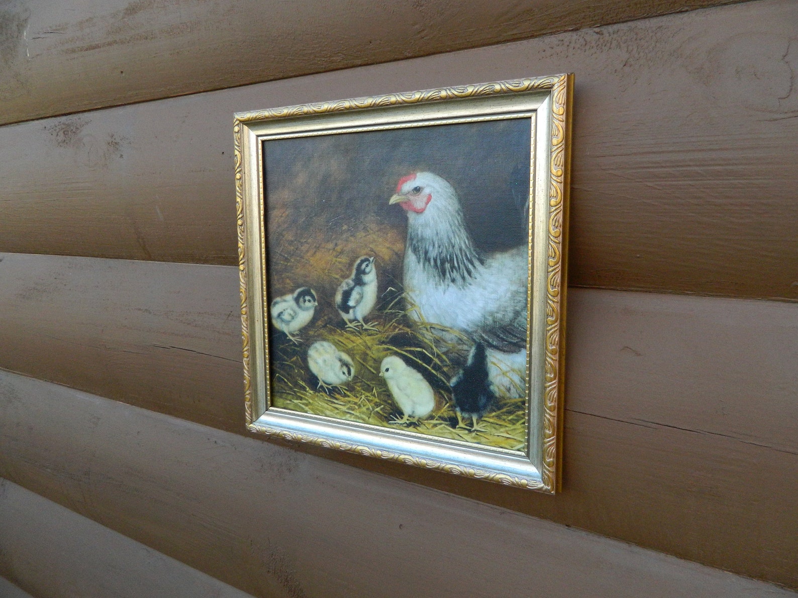 Hen With Her Chicks Farmhouse Print - Lovely Wood Gold Frame With Wall ...