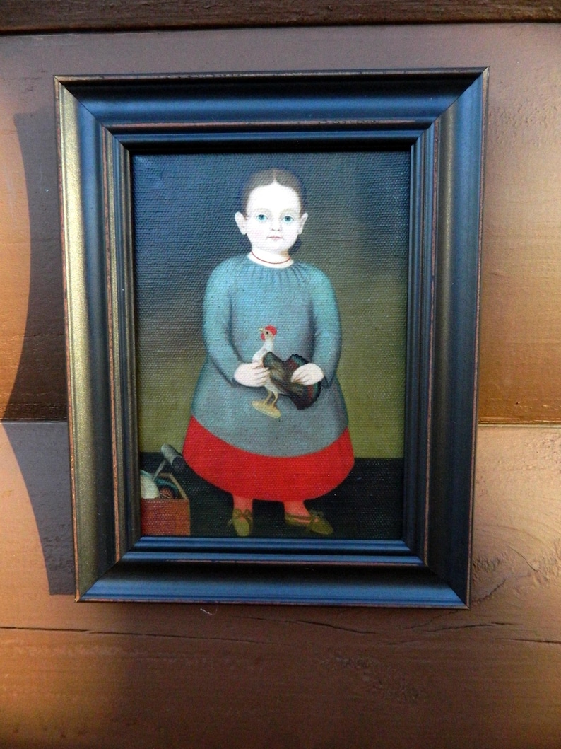 Primitive Folk Art Early American Canvas Print - Girl With Rooster ...