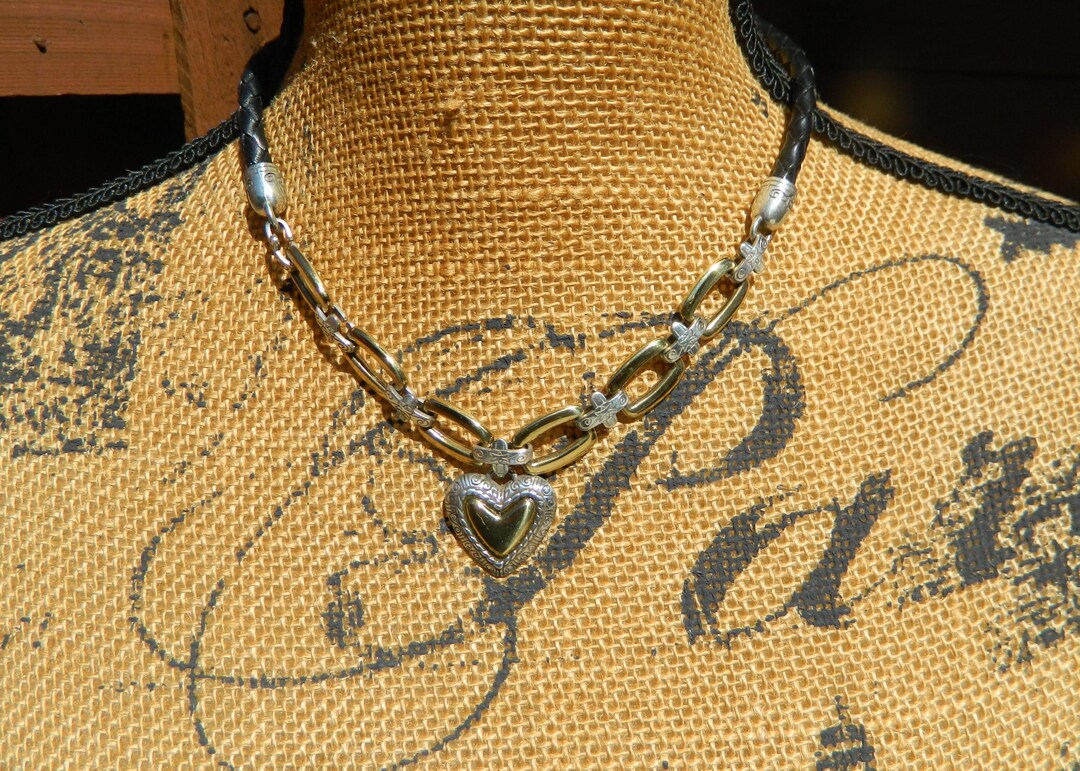 Vintage BRIGHTON Original HEART NECKLACE, Braided Leather Cord - Etsy