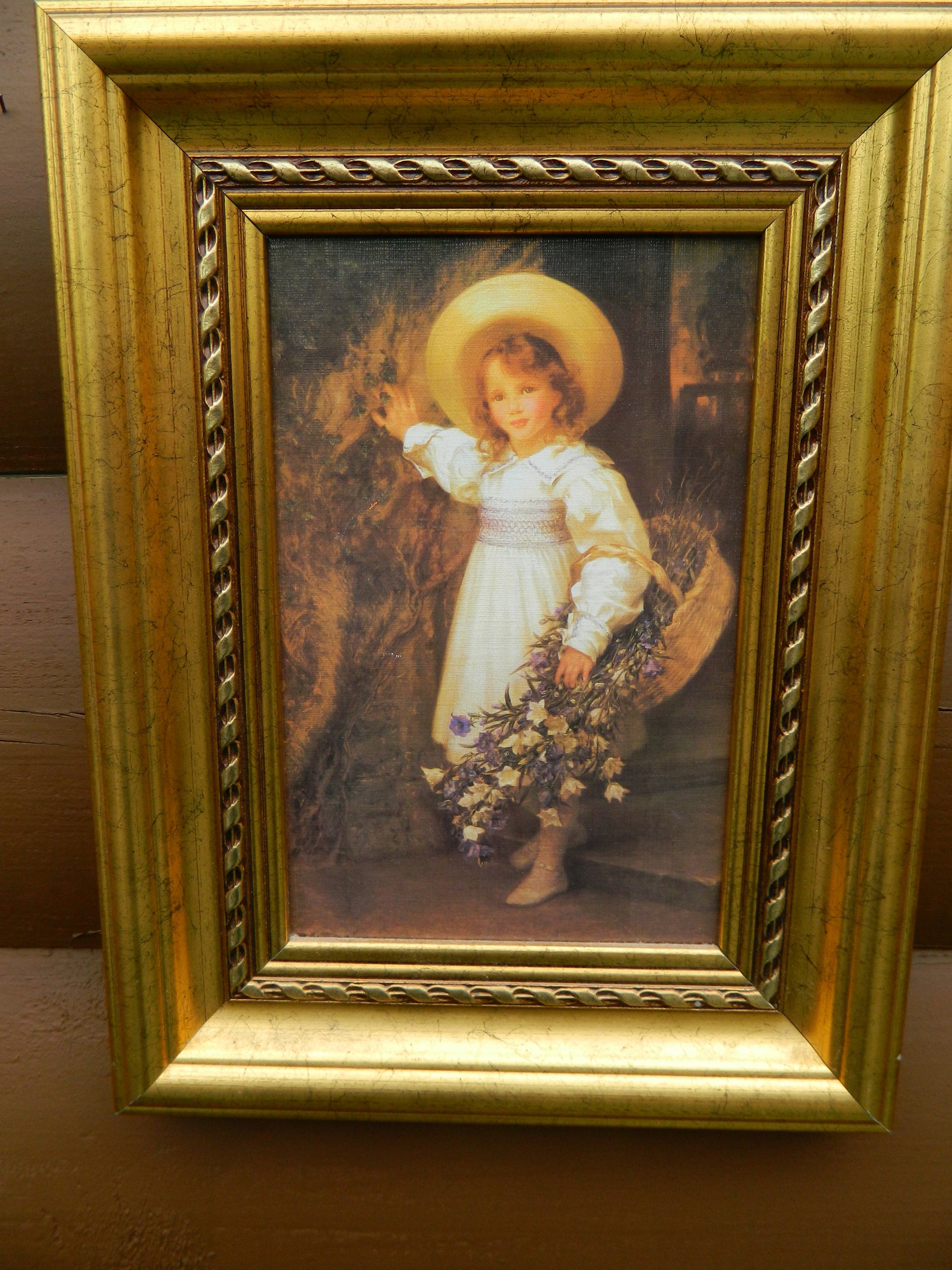 Sweet Print of Little Girl With Basket of Flowers Vintage Gorgeous Gold ...