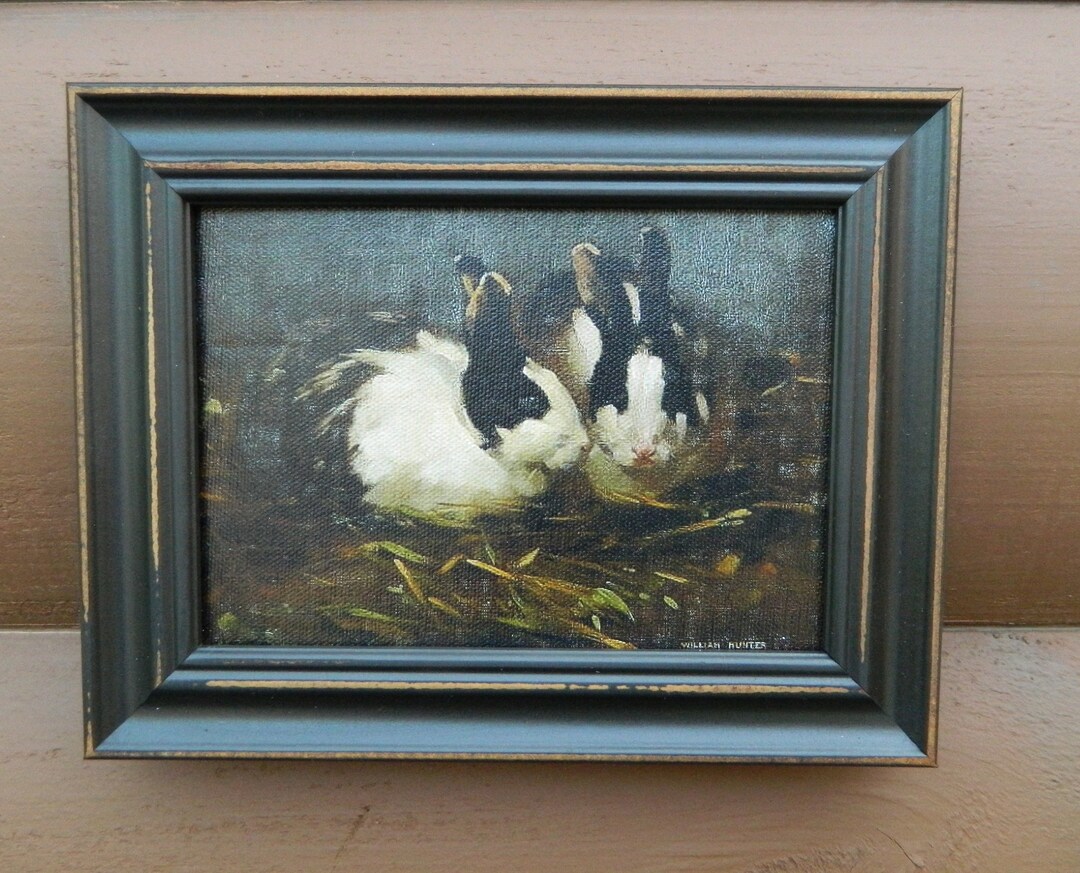Pair of Rabbits- Print on Canvas - Distressed Black Wood Frame With ...