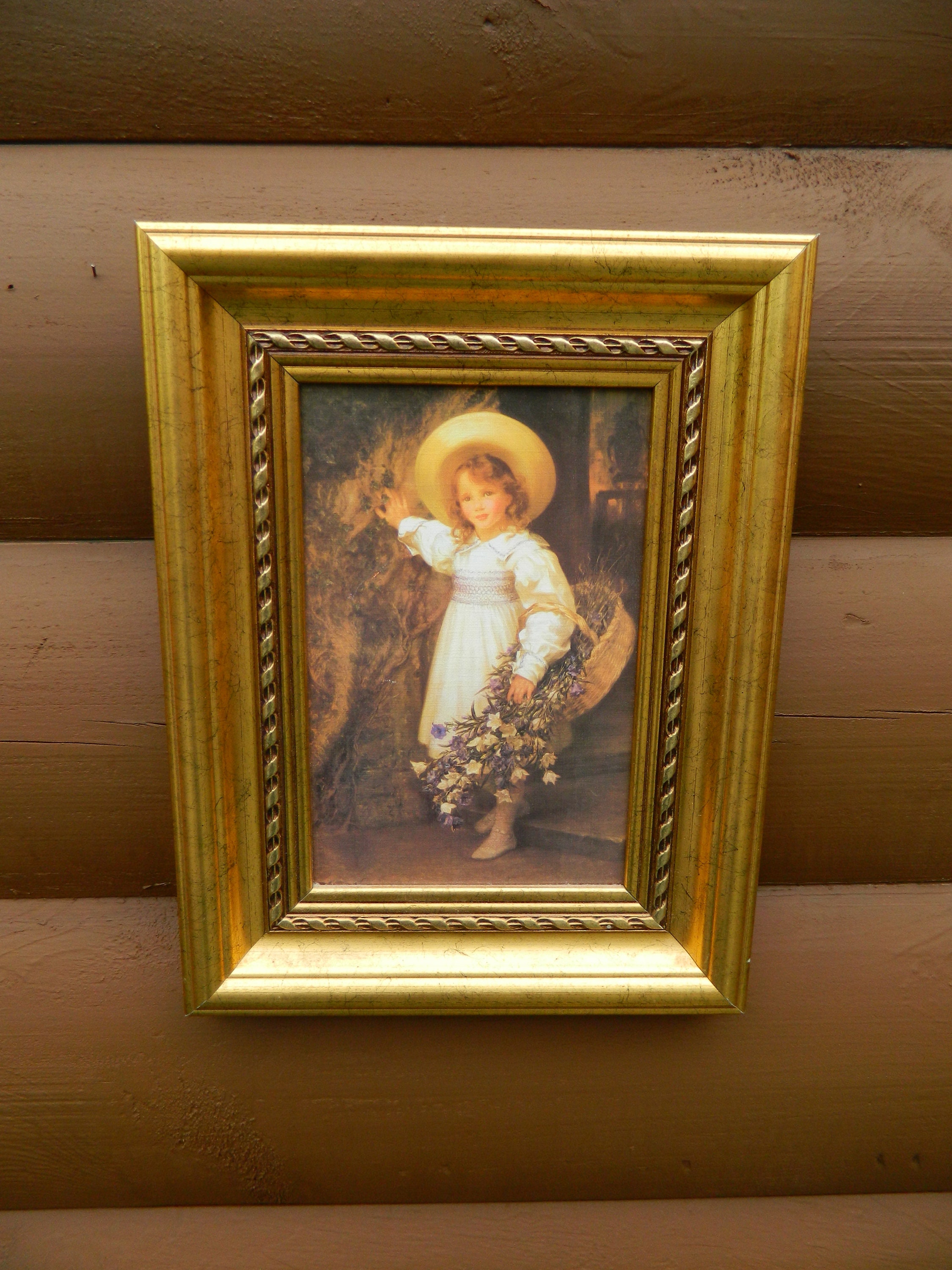 Sweet Print of Little Girl With Basket of Flowers Vintage Gorgeous Gold ...