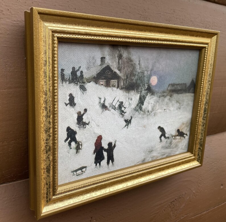 Sledding in Winter - Canvas Print in Vintage Gold Wood Frame - Etsy