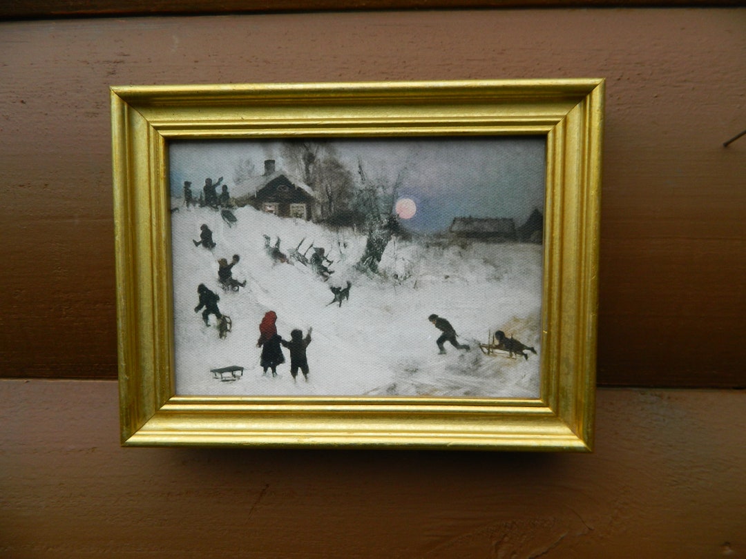 Winter Scene With Children Sledding - Print on Canvas - Vintage Gold ...