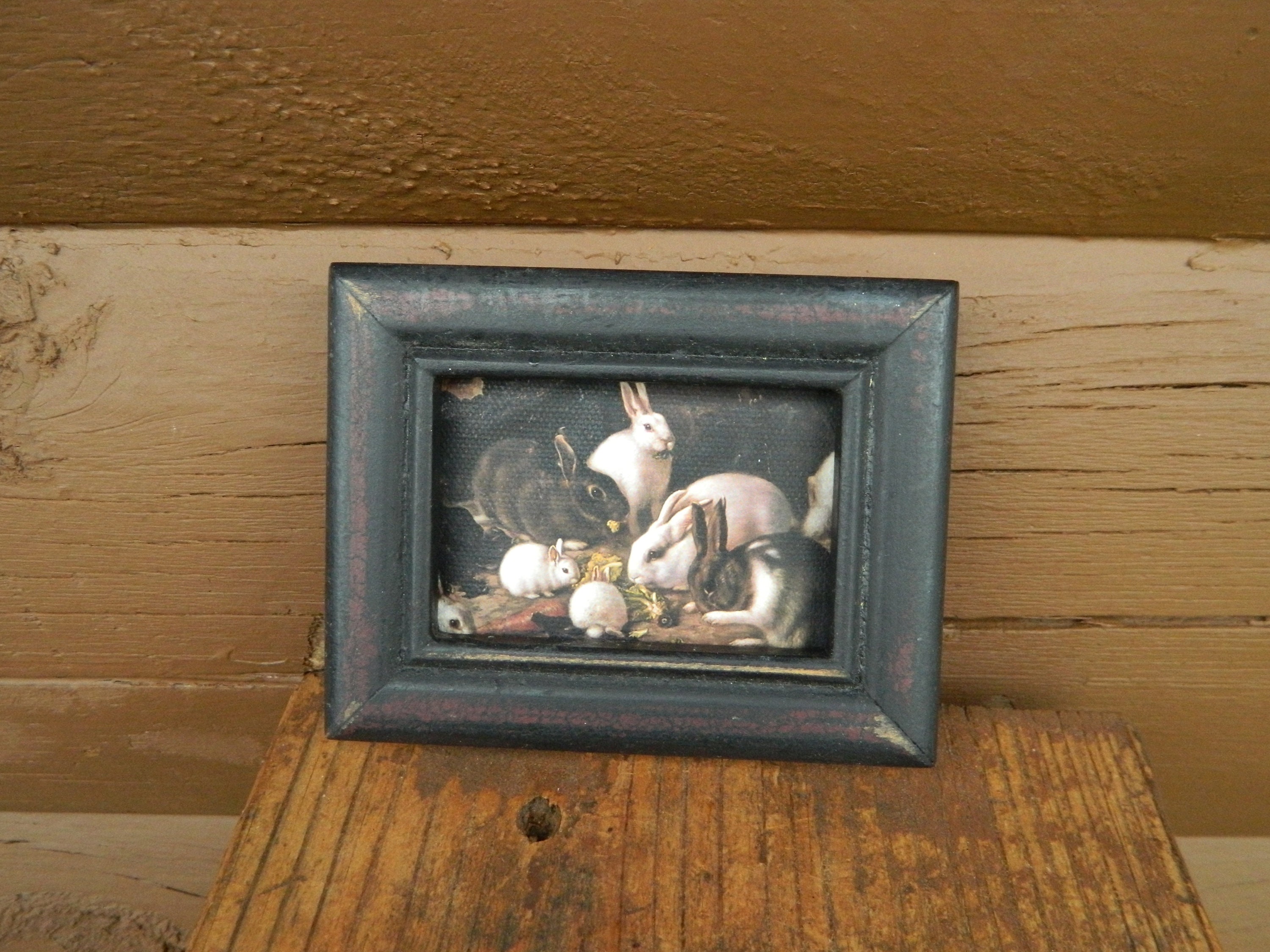 Group of Rabbits in the Yard Mini Print Aged Black Frame With Wall ...
