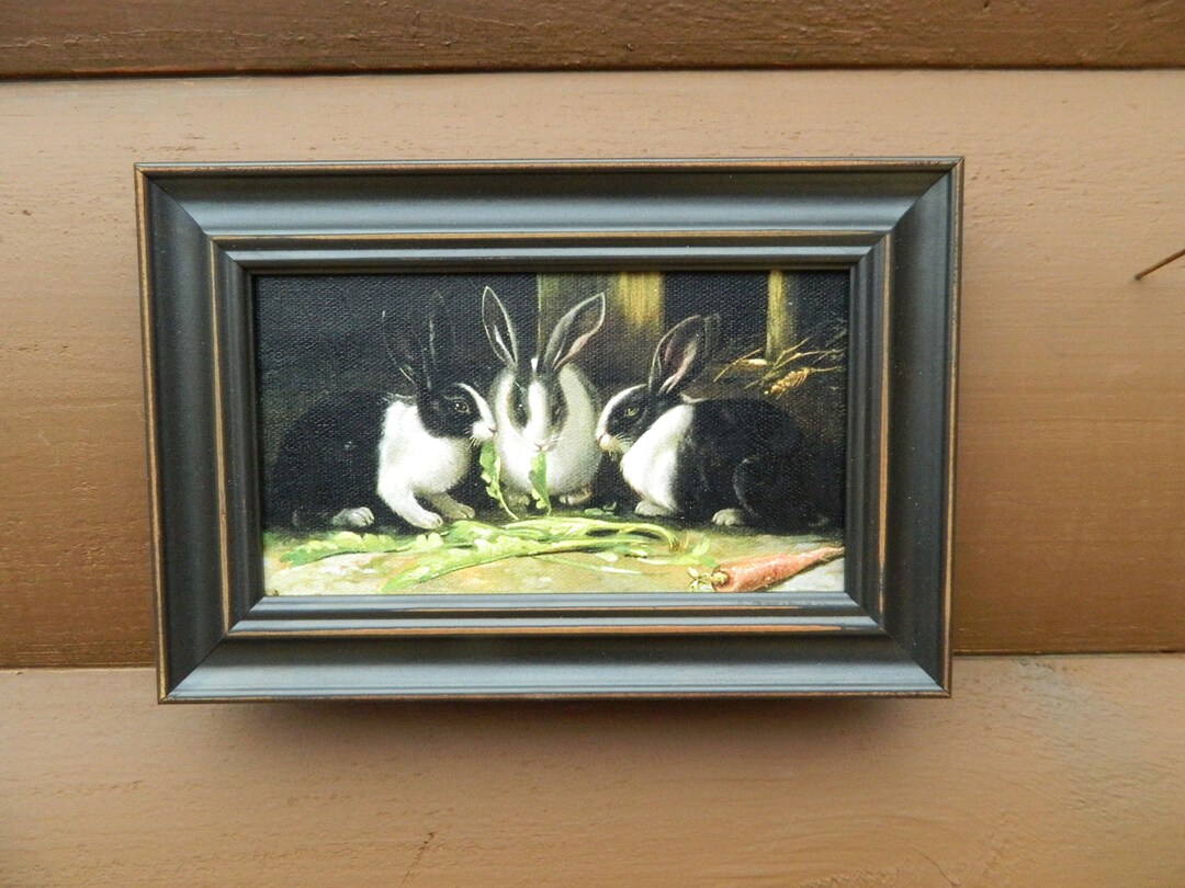 Group of Rabbits Print on Canvas- Vintage Aged Black Frame With Hanger ...